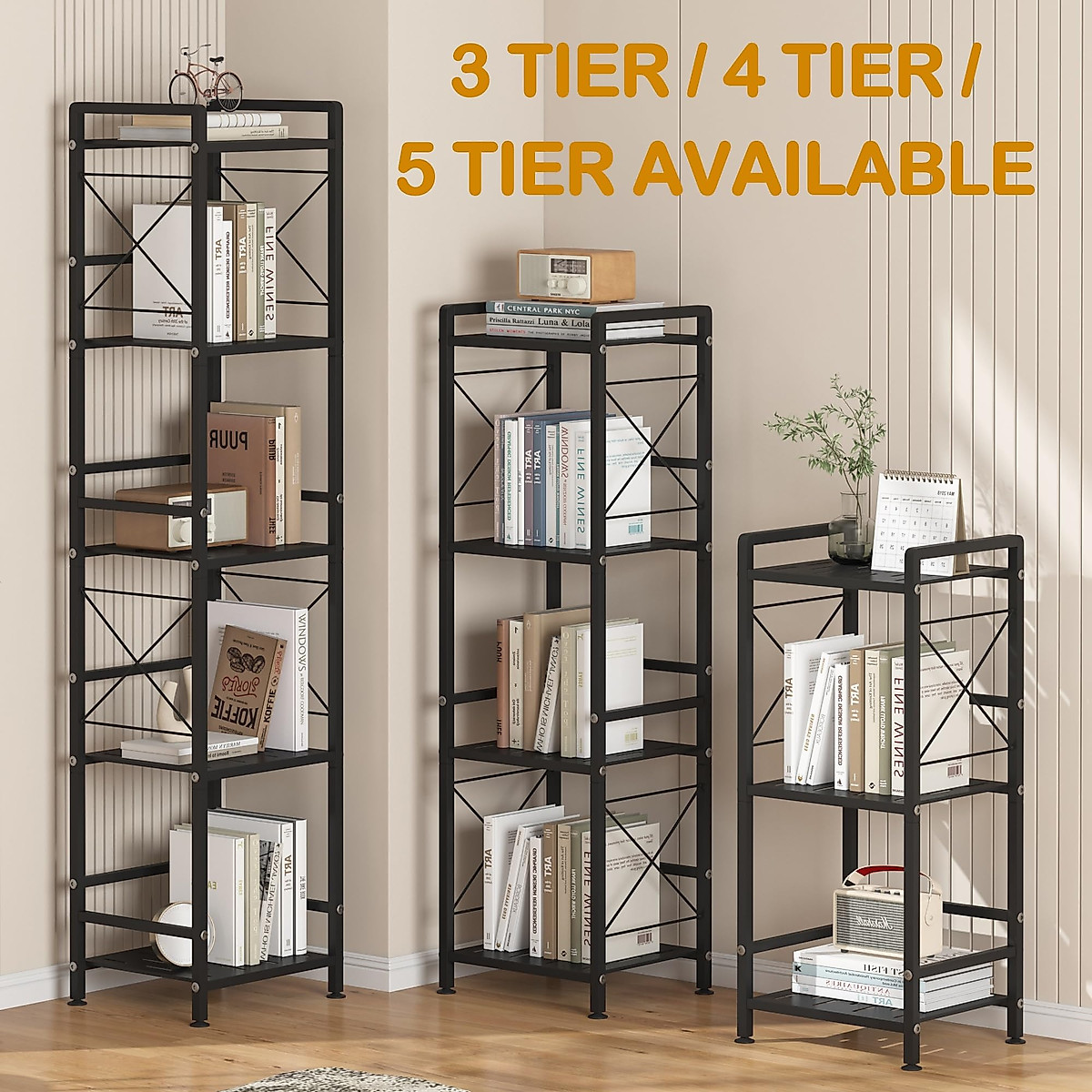 JSB 4 Tier Metal Bookshelf Bathroom Storage Standing Shelf Unit Kitchen Storage Organizer Display Rack Bookcases Shelves for Living Room, Bedroom, Office (Black, 4 Tier)