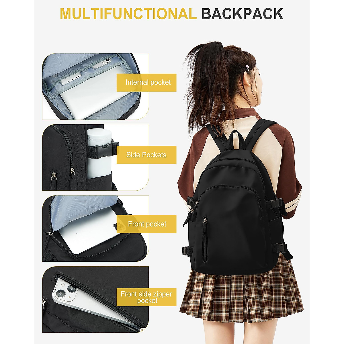 UPPACK College Backpack for Women Man Casual Daypack Backpacks Lightweight Travel Cute Preppy Backpack Aesthetic Simple Black Backpack Waterproof Carry On backpack for Airplanes College Essentials