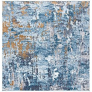 SAFAVIEH Lagoon Collection 6'7" Square Blue/Gold LGN182M Distressed Non-Shedding Living Room Bedroom Dining Home Office Area Rug