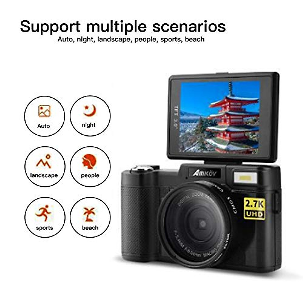 WiFi Digital Camera, Vlogging Camera 2.7K 48Mp Hd Digital Camera, 3Inch Rechargeable Small Digital Camera, 180° Rotation Cameras for Beginners