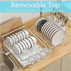 ParkNbuy Dish Drying Rack,2-Tier Detachable Dish Racks for Kitchen Counter,Large Capacity Dish Drying Rack Drainboard Set with Utensil Pots Holder and Cutting Board Holder White
