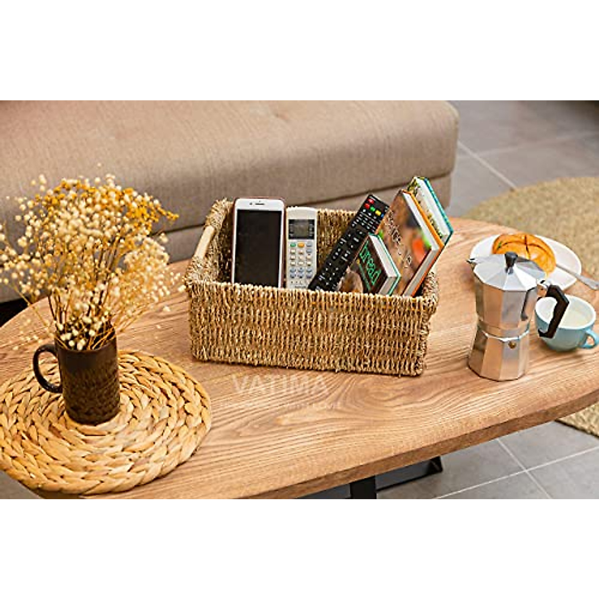Large Water Hyacinth And Seagrass Basket Storage Wicker Basket Rectangular with Wooden Handles for Shelves
