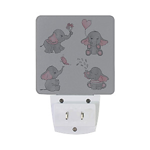 Naanle Set of 2 Cute Cartoon Baby Elephant Hold Heart Shape Balloon Flowers Play Butterfly Water Drop Fountain Nightlight Auto Sensor LED Dusk to Dawn Night Light Plug in Indoor for Adults