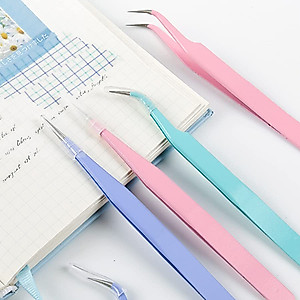 ARFUKA Tweezers Eyelash Extension Tweezers Set Stainless Steel Straight and Curved Tip Tweezers for Nail Art Sticker, Eyelash Extensions, Craft, Jewelry Pack of 6