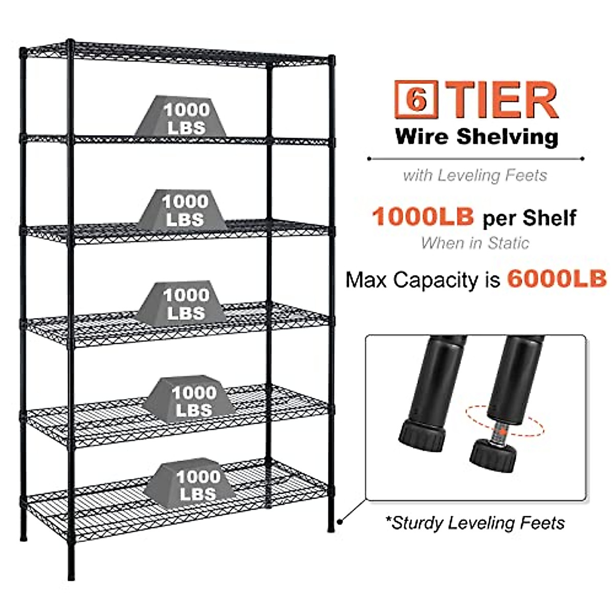YYkokocat 6000Lbs Capacity Heavy Duty Storage Shelves Commercial Wire Shelving Unit and Storage Adjustable NSF 6 Tier Metal Rack Shelf on Wheels for Garage Basement, 76 H x 48 L x 18 D - Black