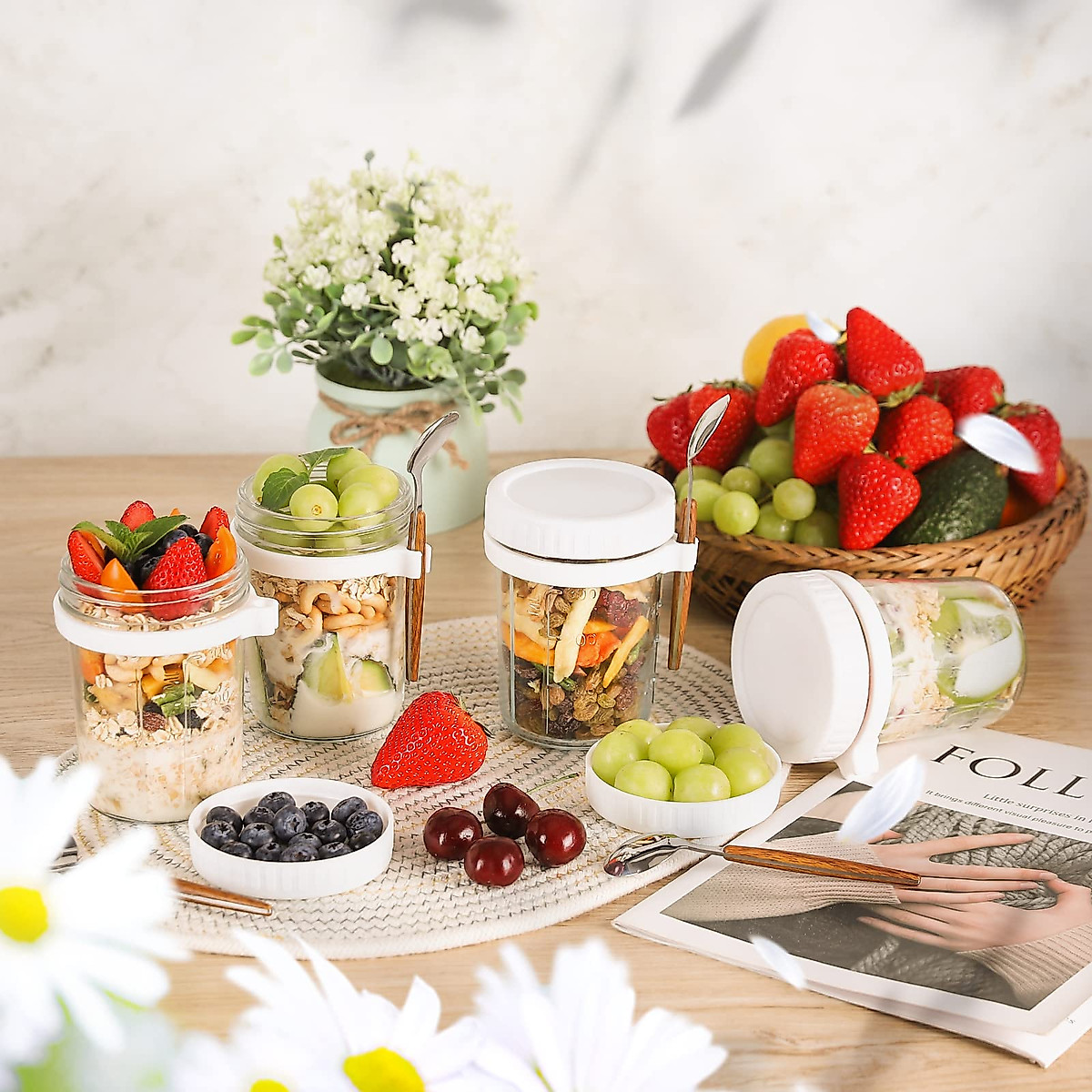 Overnight Oats Jars with Spoon and Lid (15 oz4Pack), Airtight Oatmeal Container with Measurement Marks, Mason Jars with Lid for Cereal On The Go Container (4 white)