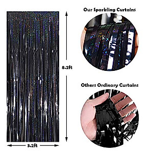 Melsan 2 Pack 3.2 ft x 8.2 ft Tinsel Foil Fringe Curtains Backdrop, Sparkle Metallic Foil Curtains for Party Photo Booth Props Decoration (Black)