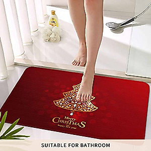 Christmas Bath Rugs Xmas Trees Diamond Sponge Doormat Absorbent Non Slip Backing Durable Soft Flannel Mat Red Christmas Memory Foam Mats Carpet for Bathroom Kitchen, 20 x 32 inch