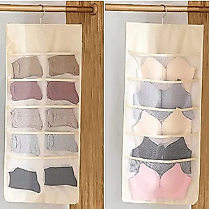 LCXPEI Closet Hanging Organizer Mesh Pockets and Rotating Metal Hanger, Oxford Cloth Space Saver Bag, Dual-Sided Hanging Storage Organiser for Underwear, Panties ,Bra and Sock(Beige, Expand 5+10 Pockets)