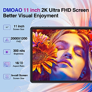 DMOAO 11 inch Android 13 Tablet 16GB+256GB Tablets with 1TB Expand, Octa-Core 2000 * 1200 2K FHD Display 13MP Camera, 8600mAh, Quad Speakers, 5G WiFi, Split Screen Support (Blue with Case)