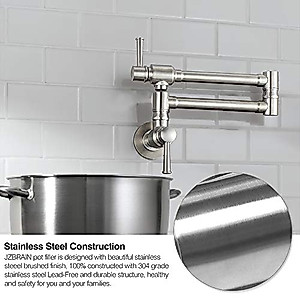 JZBRAIN Pot Filler Faucet Wall Mount Stainless Steel Commercial Pot Filler 5.5 GPM Heavy Duty Style with Folding Stretchable Double Joints 2 Handles