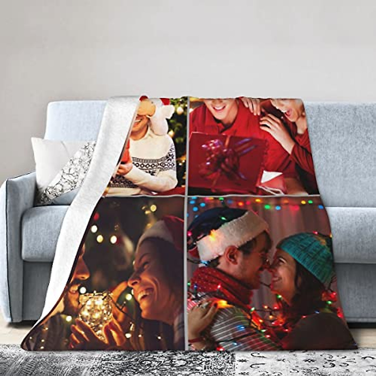 MAZU Custom Blanket Personalized with Photo Collage or Any Text Logo Throw Blankets, Christmas, Birthday Anniversary Wedding Gifts Customized Gift for Dad, Mom, Friends or Couples, 4 Photos Collage