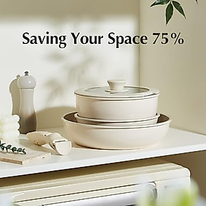 Redchef Ceramic Pots and Pans Set Non Stick, Nonstick Kitchen Cookware Sets, Non Toxic Pots and Pans Set Non Stick, PFAS PFOA & PTFE Free, Detachable Handle Pots and Pans 5 Piece, RV Cookware (Beige)