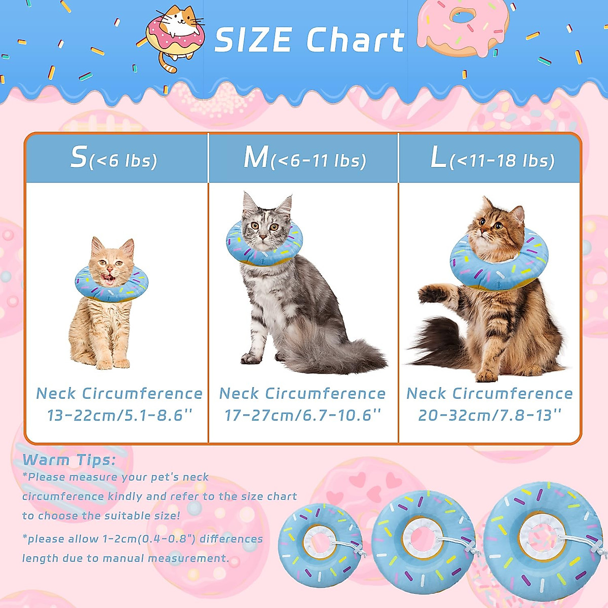 Seyezo Cat Cone Soft Collar, Adjustable Cat Recovery Collar for Small Medium Large Cats, Cute Donut E Collar After Surgery, Anti-Lick Wound Healing Elizabethan Collar for Kittens(Donut Blue, Small)
