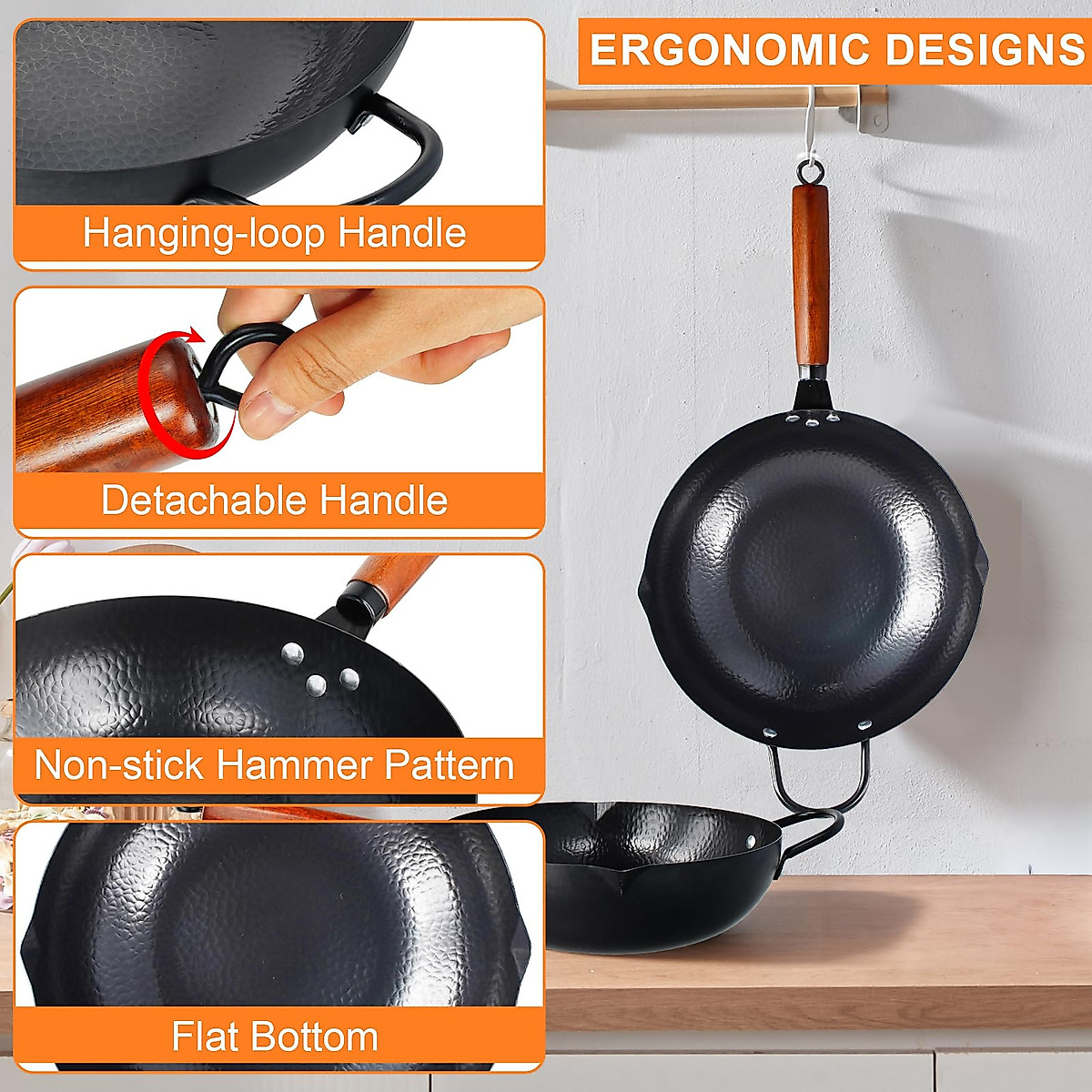 FNT Carbon Steel Wok Pan with Double Spouts, Woks & Stir-Fry Pans Nonstick with Wooden and Steel Helper Handle 11.8 Inches(Flat Bottom)