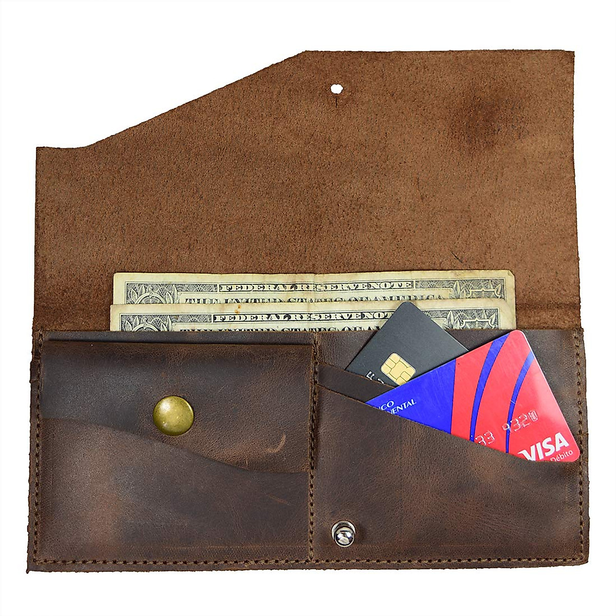 Hide & Drink, Folio Wallet, Holds Up to 10 Cards/Internal Pouch for Coins or SD Cards/Flat Bills/Travel/Case/Stylish/Vintage, Handmade :: Bourbon Brown