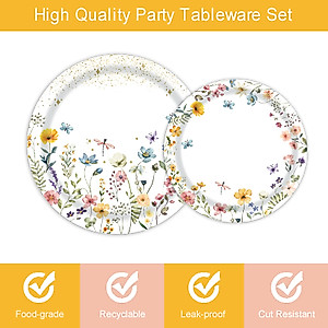 96 Pcs Wildflower Party Supplies Paper Plates and Napkins Disposable Spring Floral Baby Shower Birthday Tableware Decorations for Spring Summer Picnic Wedding Tea Party, Serve 24 Guests