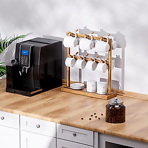 Puricon Mug Holder Coffee Cup Shelf for Counter, 2 Tier Wood Mug Tree Stand Organizer with 14 Sturdy Hooks and Storage Base, Double Sides Tea Cups Display Rack for Large and Small Mugs -Oak