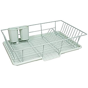 Sweet Home Collection 3 Piece Metal, Plasic Dish Drainer Rack Set with Drying Board and Utensil Holder, 12" x 19" x 5", Mint