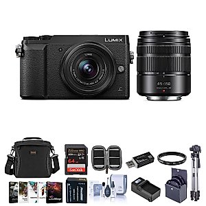 Panasonic Lumix DMC-GX85 Mirrorless Camera Black, with Lumix G Vario 12-32mm f/3.5-5.6 and 45-150mm F4.0-5.6 Lenses - Bundle with Camera Case, 32GB SDHC Card, Tripod, Software Package, and More