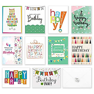 120 Happy Birthday Cards with Short Generic Message Inside , Assorted Greeting Notes Bulk with Envelopes and Stickers, 10 Unique Designs, 4x6 Inch, Thick Cardstock, Sturdy Box for Business and Personal