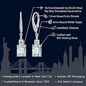 Gem Stone King 925 Sterling Silver Sky Blue Simulated Aquamarine and White Topaz Dangle Earrings For Women (5.26 Cttw, Gemstone Birthstone, Octagon 9X7MM)