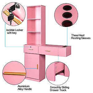 Binrrio Pink Wall Mount Hair Styling Barber Station, Beauty Salon Spa Furniture Set, Dressing Table Hair Salon Equipment, 3 Storage Shelf+2 Drawers+1 Cabinet+3 Heat Resistant Sleeves