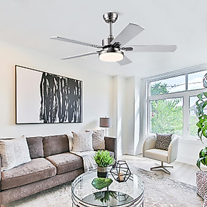 SNJ 52 inch Ceiling Fan with Light, Modern Silver Ceiling Fan with Light and Remote, Brushed Nickel and White Ceiling Fan for Bedroom, Living Room, Outdoor Patio, Quiet DC Motor (5 Blades)