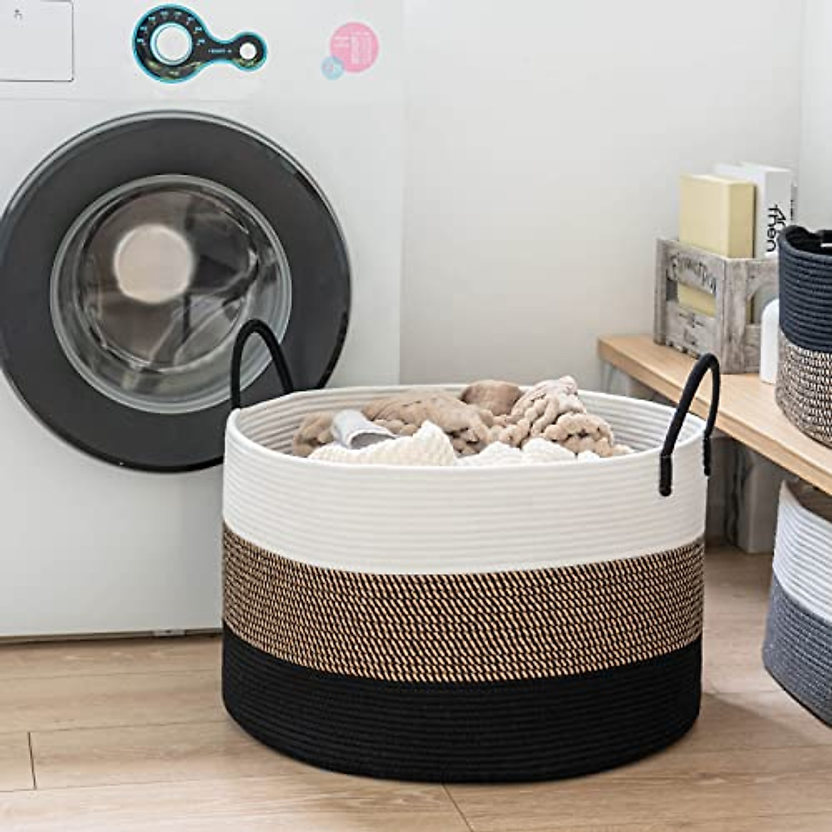 HiChen Large Woven Rope Basket With Handles, Blanket Basket Living Room, Baby Toy Nursery Storage Basket, Large Round Laundry Basket, 21.7 x 13.8 inches, 83L