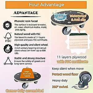 15-Inch Round Wood Platform Dolly with TPR Silent 3" Wheel, 551-lb Load Capacity Heavy Duty Wood Furniture Dolly, Multifunctional Movers Carrier,Plant Dolly, Two Pack