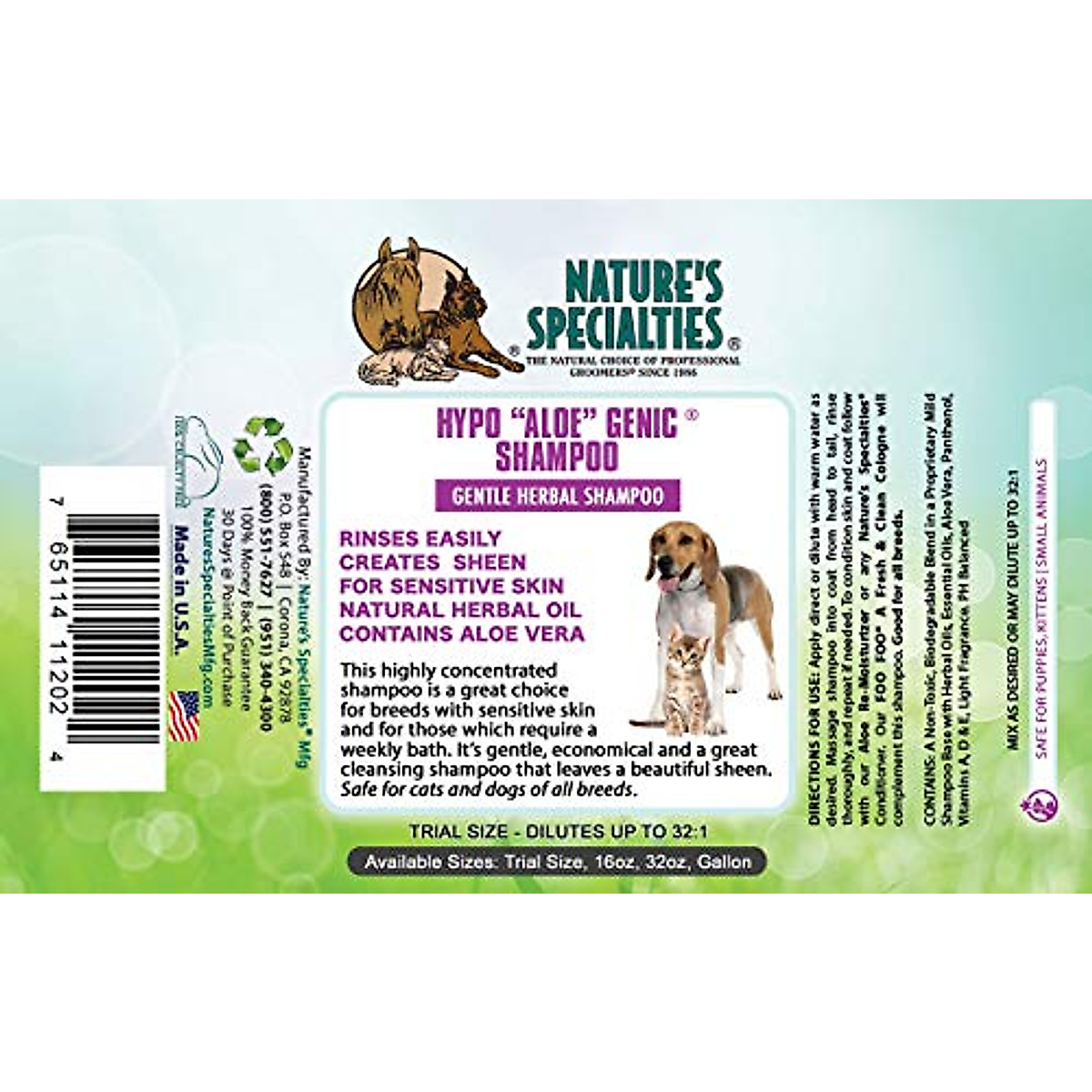 Nature's Specialties Hypoallergenic Ultra Concentrated Aloe Dog Shampoo for Pets, Makes up to 4 Gallons, Natural Choice for Professional Groomers, for Sensitive Skin, Made in USA, 16 oz