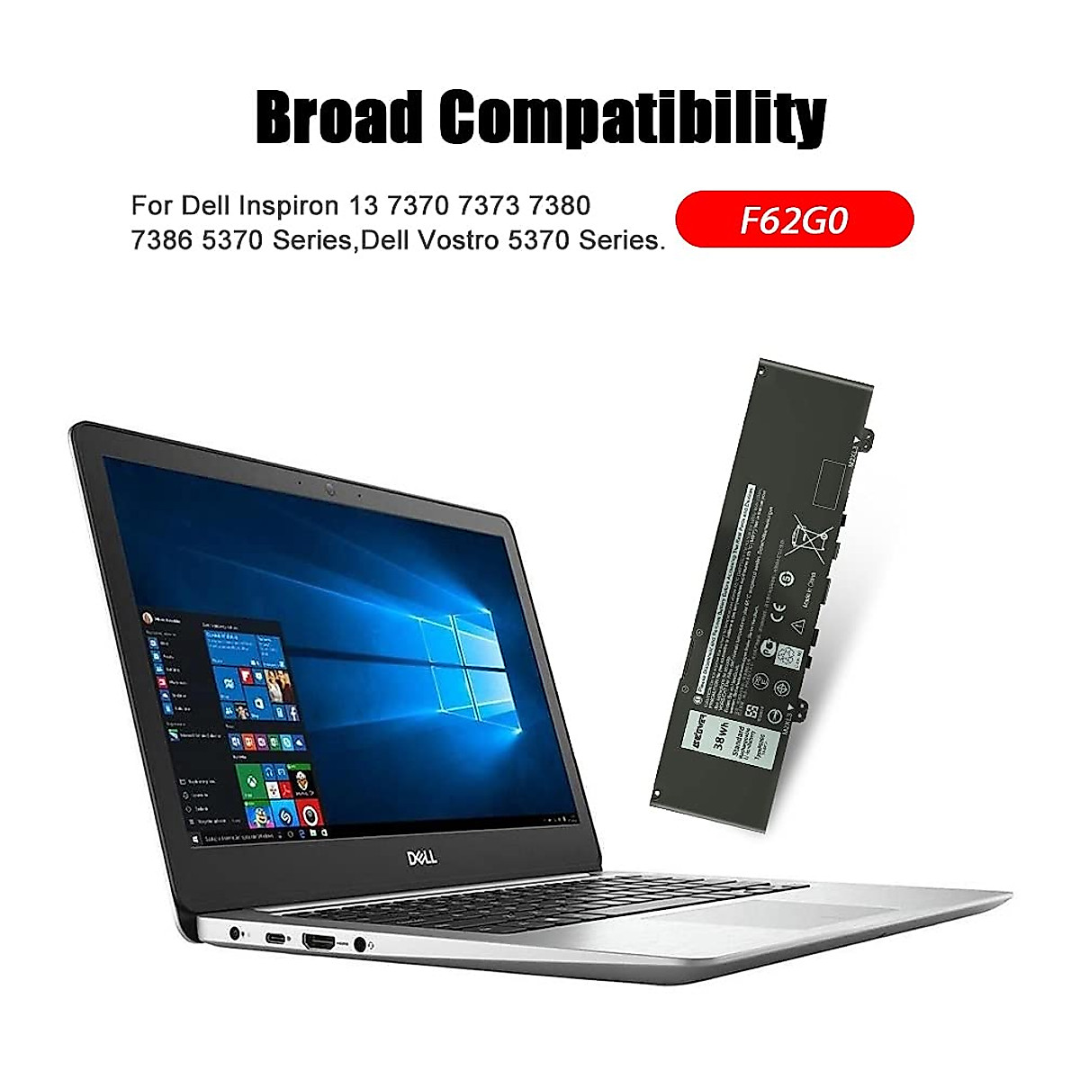 SKOWER 38Wh F62G0 F62GO 0F62G0 Laptop Battery for Dell Inspiron 13 7000 i7373 7373 7386 2-in-1 5370 7370 7380 P83G P87G P91G P83G001 P83G002 P87G001 Vostro 13 5370 Replacement CHA01 RPJC3 39DY5 11.4V