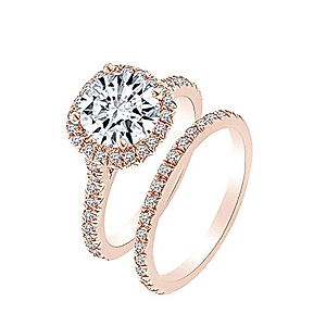 AFFY 2.16 Carat Round Shape White Natural Diamond Halo Wedding Engagement Ring Set 18K Solid Rose Gold Ring Size-7
