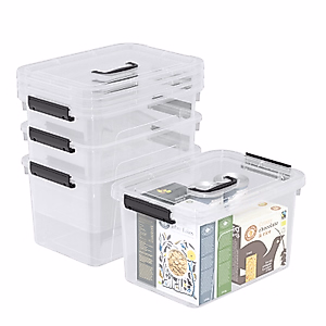 Jandson 4 Packs Plastic Storage Box with Handle, 10 L Clear Lidded Organizer Bin