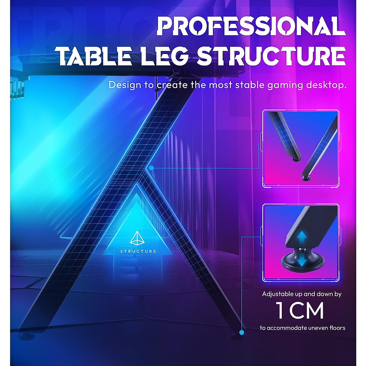 Dowinx Gaming Desk with LED Lights, RGB Gaming Computer Table with Carbon Fibre Surface, LED Home Office Desk with Remote Control, Pc Workstation with Cup Holder and Headphone Hook, Black