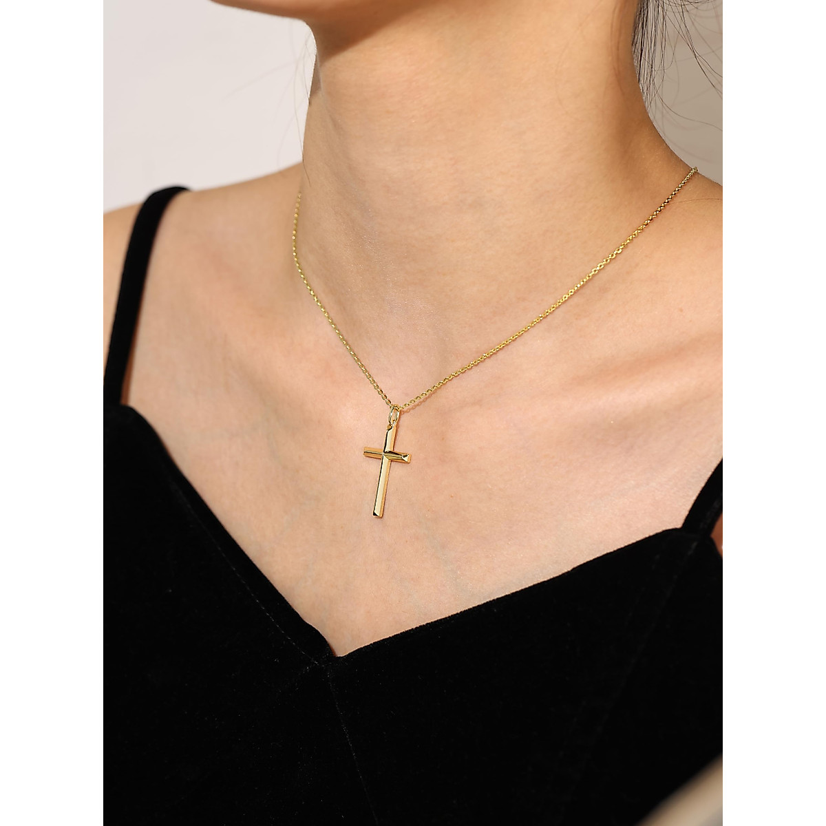 FANCIME Yellow Gold Plated 925 Sterling Silver Beveled Cross Pendant Necklace Dainty Fine Delicate Jewelry Easter Gifts for Women 18 INCHES