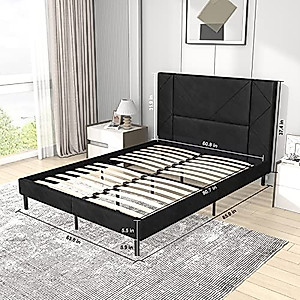 Flolinda Queen Bed Frame, Upholstered Bed Frame Queen Size with Tufted Velvet Headboard, Mattress Foundation, Strong Wood Slat Support Double Bed Frame, No Box Spring Needed, Easy Assembly,Black