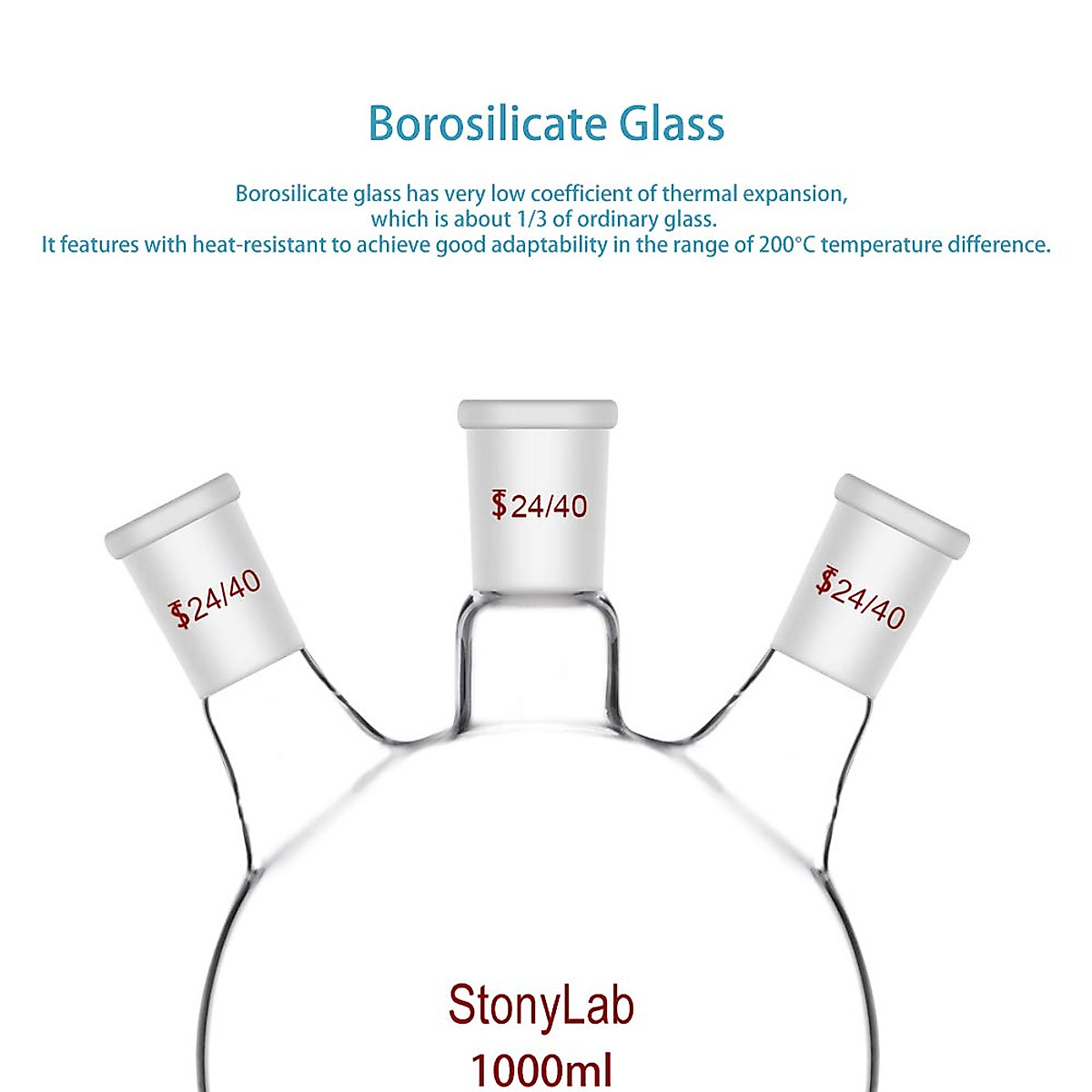 StonyLab Glass 3 Neck Round Bottom Flask RBF, with 24/40 Center and Side Standard Taper Outer Joint (1L)