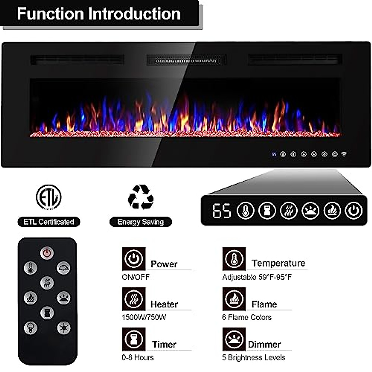 MEPTY 60" Electric Fireplace, Recessed and Wall Mounted Fireplace Insert, Fireplace Heater and Linear Fireplace with Remote Control, Timer, Adjustable Flame Color & Speed, Log Set & Crystal, Black