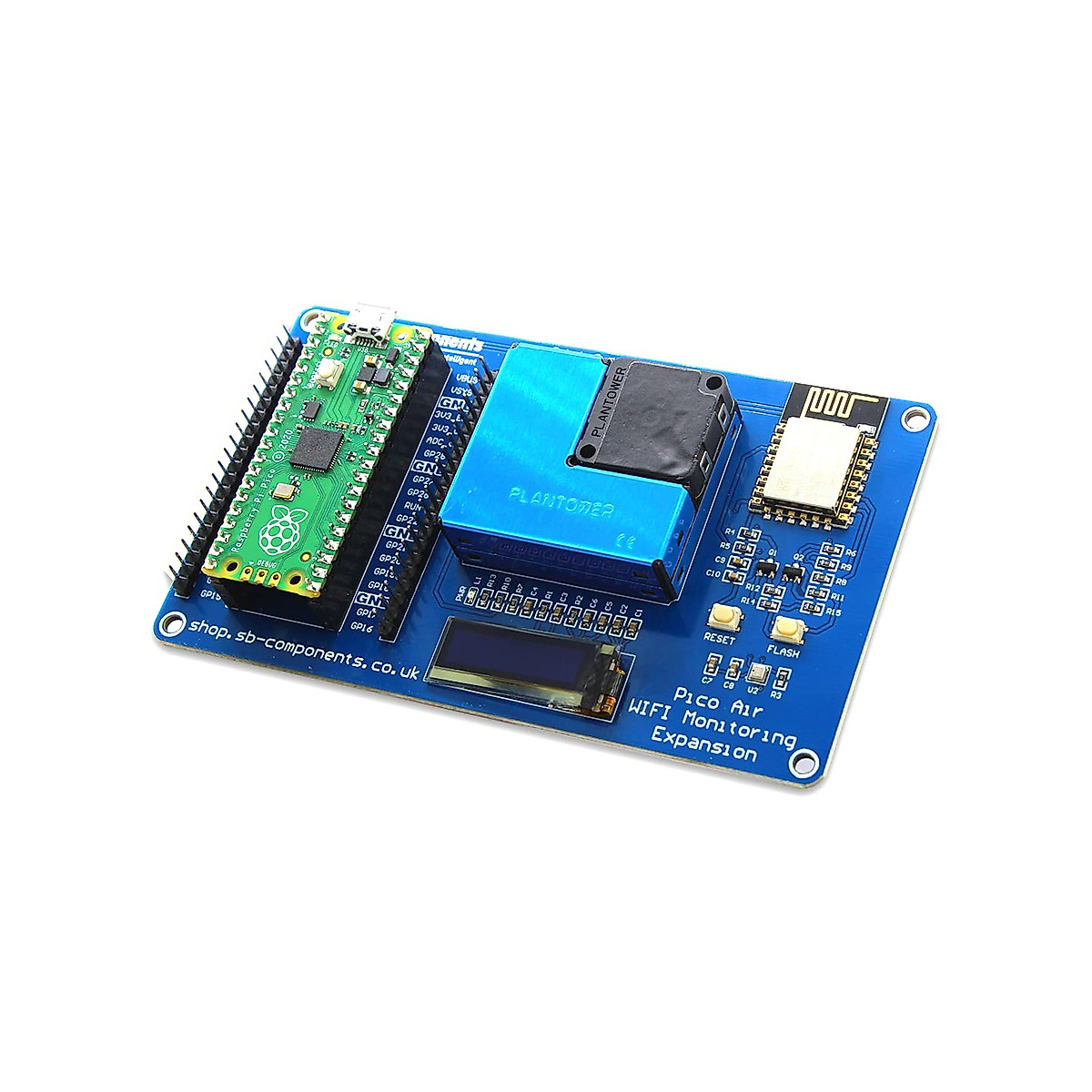 sb components Raspberry Pi Pico with Pico Air WiFi Monitoring Expansion PMSA003 Sensor ESP8266 Module Air Monitor WiFi HAT for Raspberry Pi Pico with inbuilt 0.91" OLED Display