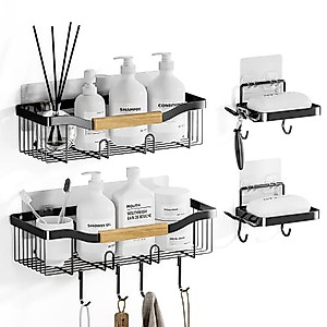 Shower Caddy Bathroom Shelf, 4-Pack Adhesive Shower Organizer with 2 Soap Holders and 16 Hooks, No Drilling Rustproof 304 Stainless Steel Shower Storage Basket Rack for Bathroom & Kitchen Storage