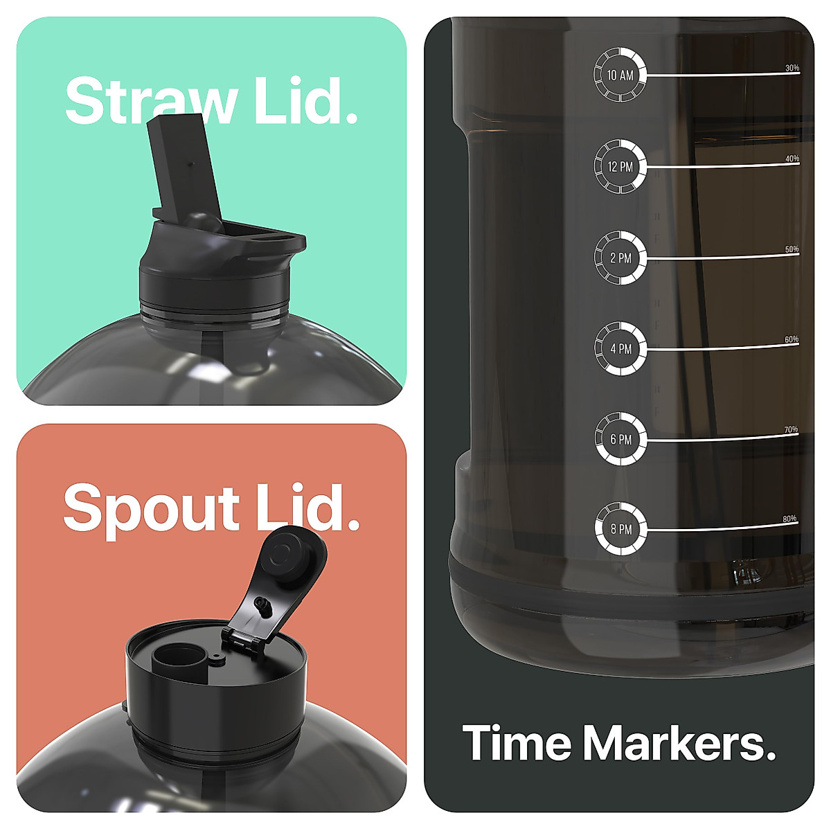 Hydro Gallon® 1 Bottle - 1 Gallon Water Bottle Jug with Straw Lid, Spout Chug Lid, Handle, Motivational Time Marker. Daily Intake All Day Leakproof BPA free Large Big Bottle. 128oz (Black)