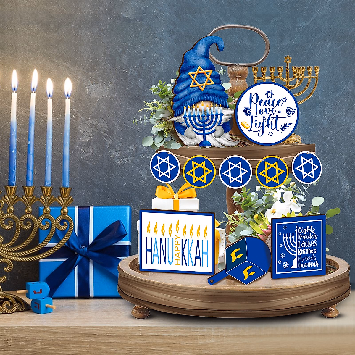 10 Pieces Happy Hanukkah Tiered Tray Decor-Hanukkah Wood Signs Decor with Star of David, Hanukkah Gnome, Mini Menorah, Hanukkah Party Wooden Decor for Hanukkah Farmhouse Home Table Decor