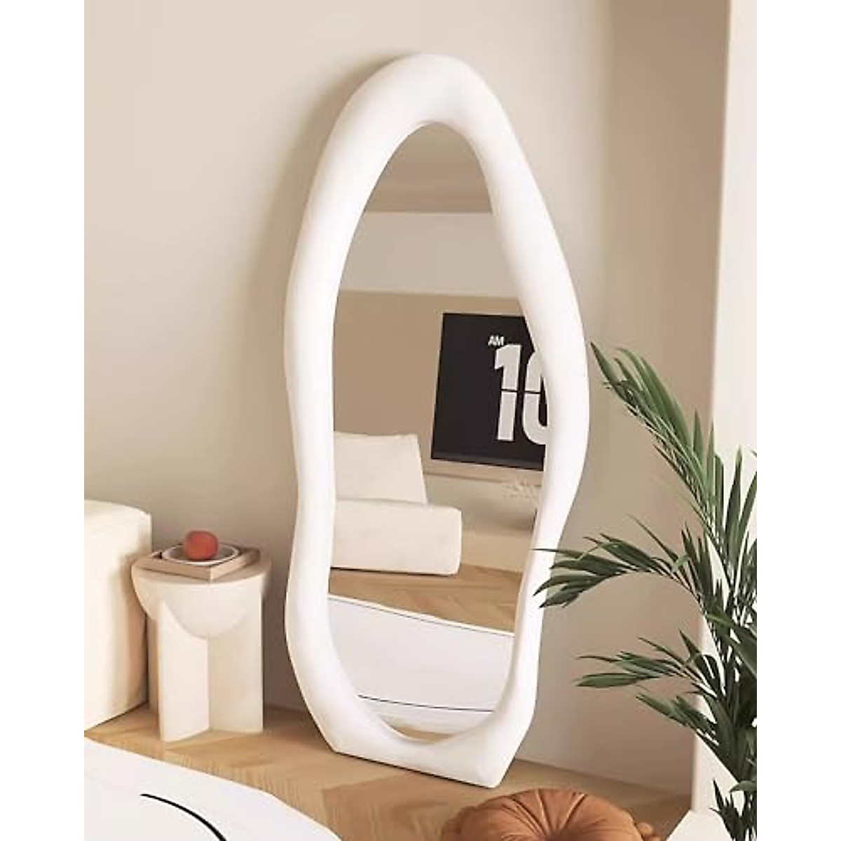 BEVERDY 63" x 24" Full Length Mirror with Stand, Wall Mounted or Floor Standing, Cloud Shape, Flannel Wrapped Wooden Frame, Irregular Full Body, White