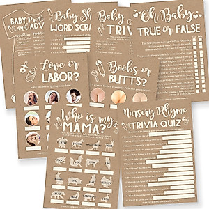 50 Rustic Baby Prediction And Advice Cards, Trivia Games, etc, 25 Love or Labor, Boobs Or Baby Butts Game, 25 Baby Animal Matching, Nursery Rhyme Game - 8 Double Sided Cards Baby Shower Games Funny
