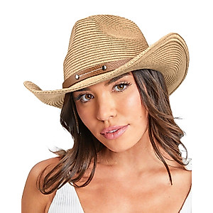 FURTALK Straw Cowboy Sun Hats for Women Men Western Cowgirl Hats with Wind Lanyard UPF 50+ Beach Hat Khaki