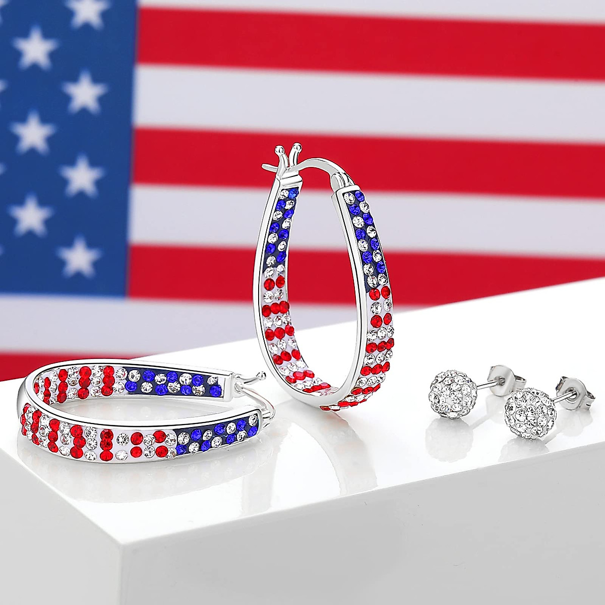 Silver Plated Oval Inside Out Crystal Hoop Earrings For Women Patriotic Earrings Fashion Jewelry