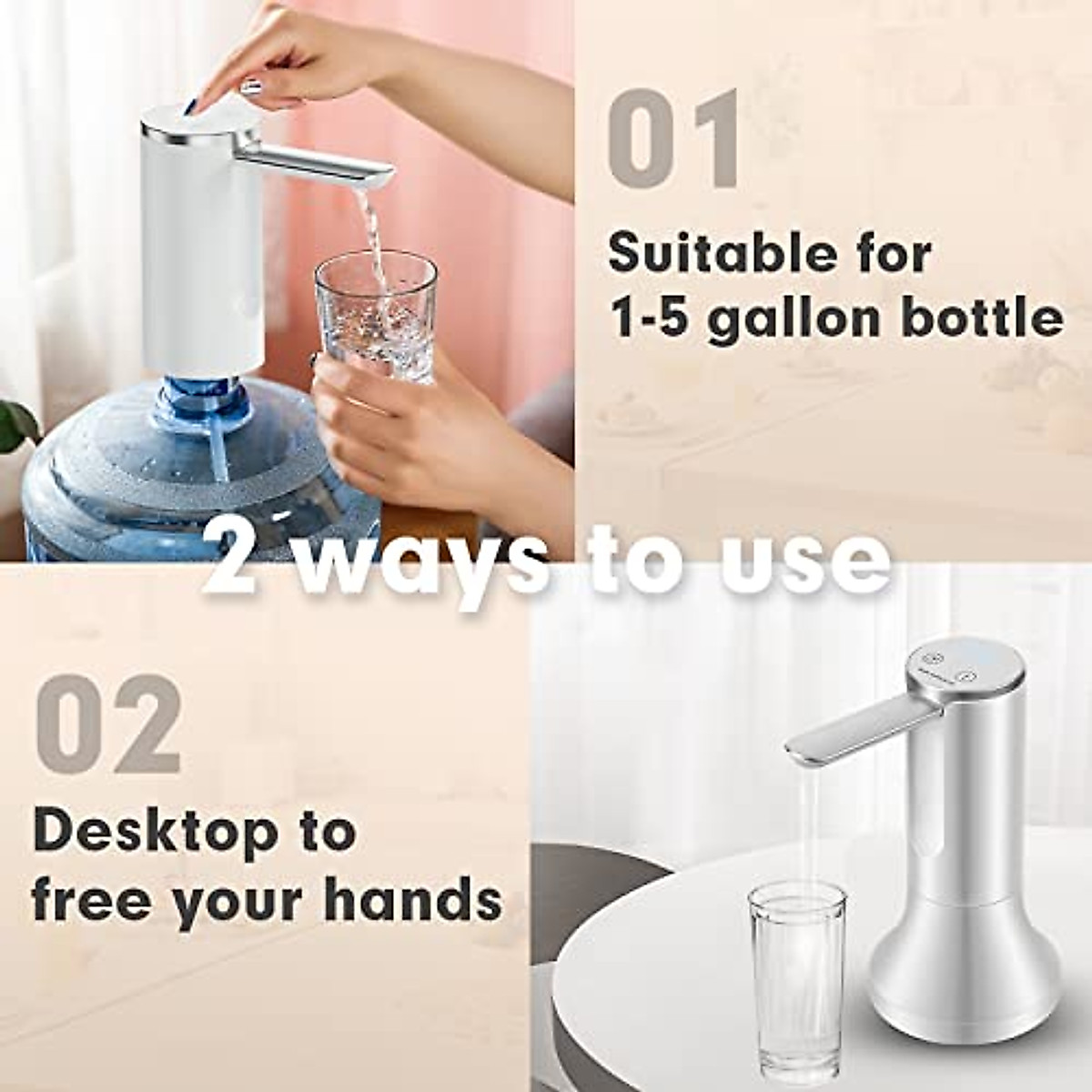 Desktop Water Jug Dispenser with Removable Base, Water Dispenser for 5 Gallon Bottle, Portable Electric Folding Countertop Water Bottle Pump with USB Charging for Camping Picnic Home Office