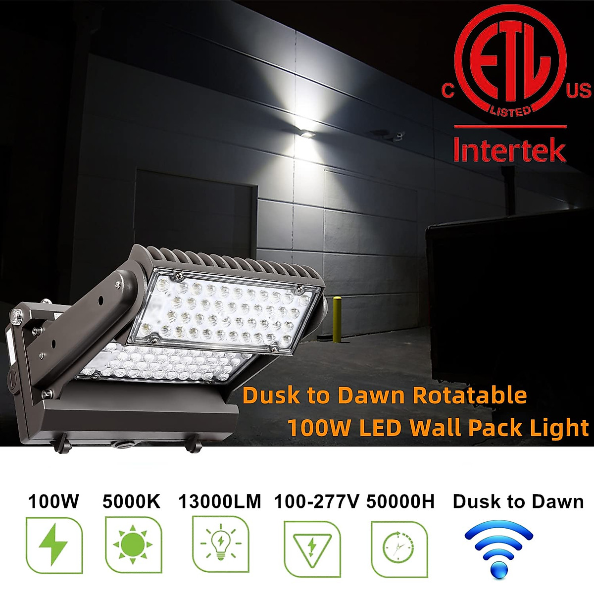 Dusk to Dawn100W Rotatable LED Wall Pack Light, 5000K 13000LM 400-600W HPS/HID Equiv, ETL Adjustable Head Outdoor LED Wallpack Lighting Fixture for Area Light, Parking Garages,Warehouse,Entrance