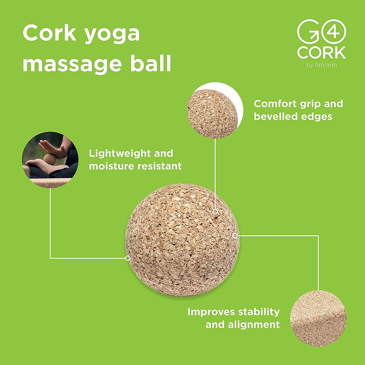 Go4Cork Cork Yoga Massage Ball - 2.4" Therapy Roller | Release Stress, Tension & Circulation | Non-Toxic, Alternative to Foam Yoga Massager | Sustainable & Eco Yogi Gift